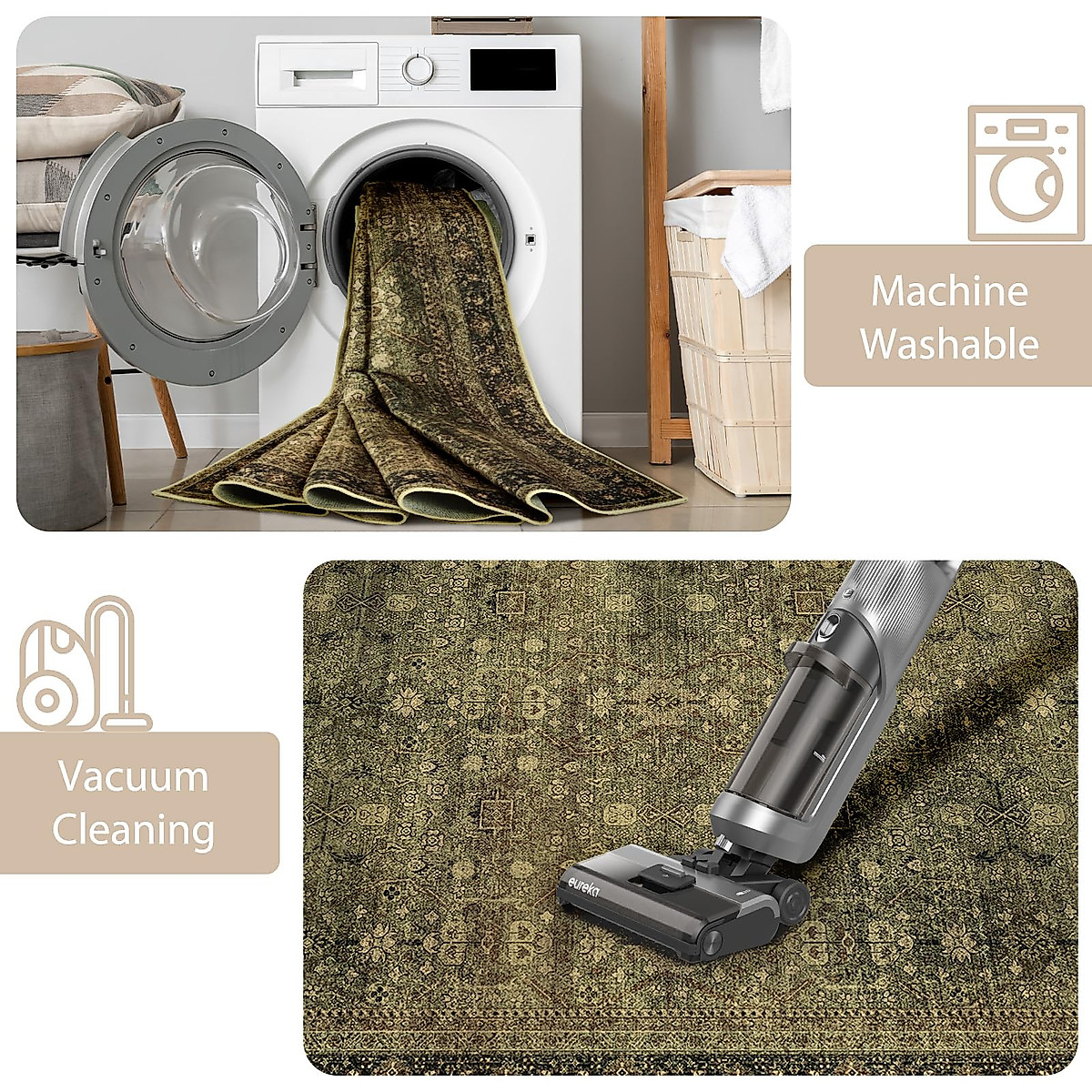 RELEANY Area Rug 8x10 Washable Rugs Vintage Farmhouse Neutral Rug for Living Room Bedroom Dining Room Entryway, Low Pile Non-Shedding Easy Clean Area Rug, Yellow Green