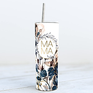YouNique Designs Floral Mama Coffee Tumbler with Straw and Lid, 20 Oz, Insulated Stainless Steel Skinny Tumbler for Women, Flower Mom Tea Tumbler, Mom Life Water Tumbler Cup