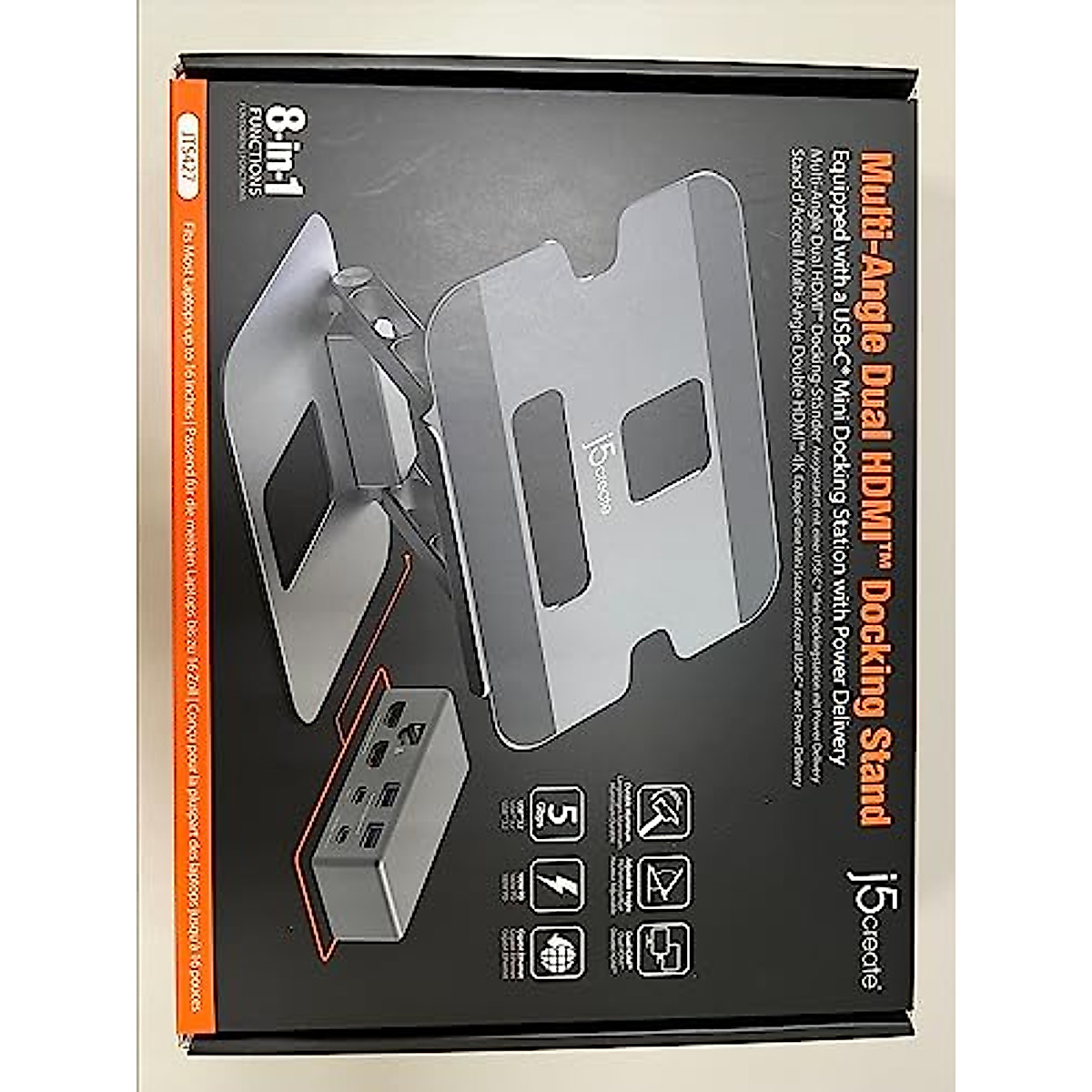 j5create Laptop Stand with USB C Dual HDMI Display Hub - 2 USB A 5Gbps, PD 100W with USB-C 5Gbps, Ethernet | Aluminum Computer Riser for MacBook and Windows Notebook (JTS427)