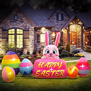 Domkom 8FT Easter Inflatable Decorations Bunny with Eggs, Build-in LED Lights Holiday Blow Up Yard Decoration, for Easter Holiday Party, Outdoor,Garden, Yard Lawn Decor
