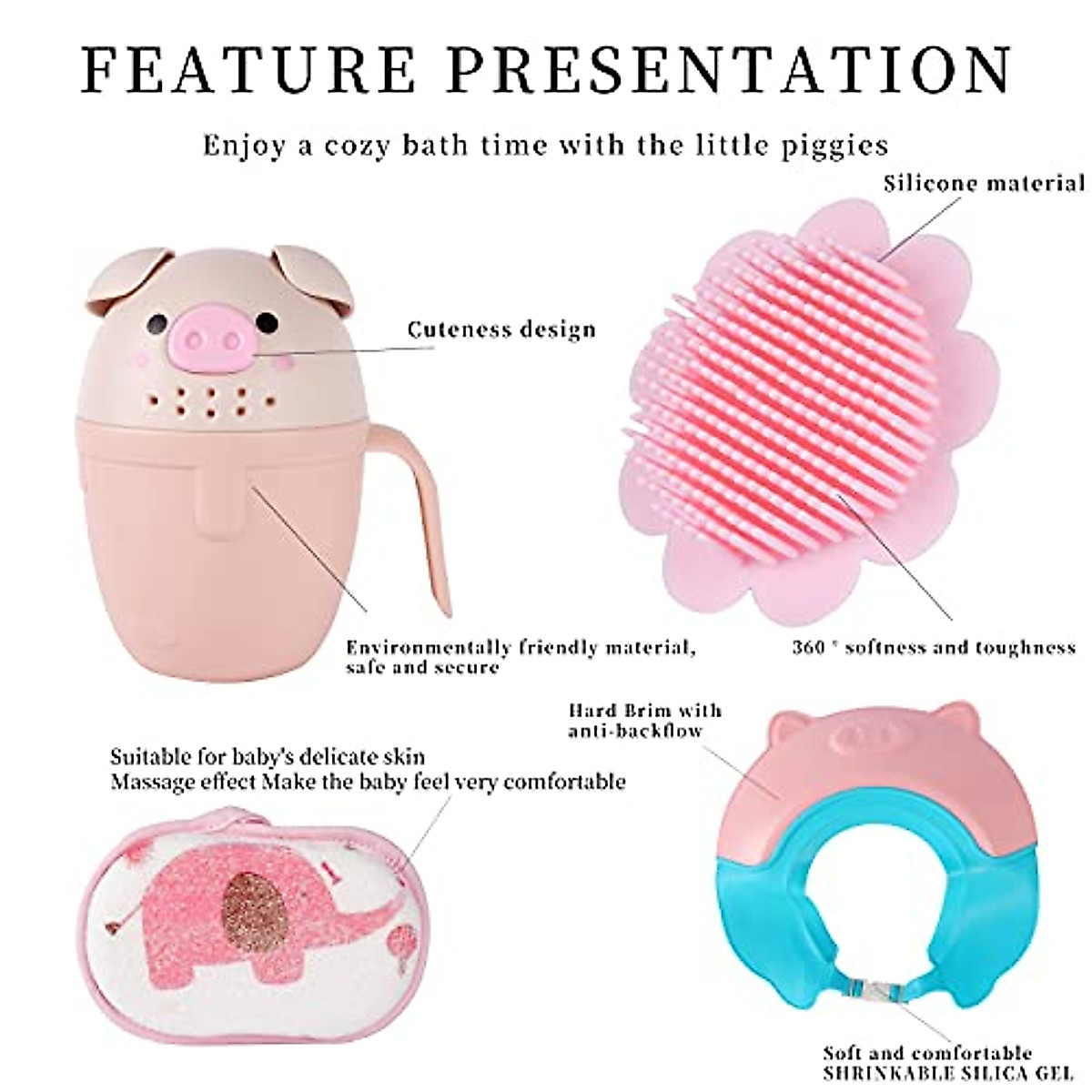 DOOBAANN Baby Bath Set,Silicone Bath Brush,Baby Shower Cap,Bath Rinse Cup,Baby Bath Sponge(Pink)