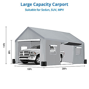 GAOMON Carport 10'x 20' Heavy Duty Carport Canopy with Semi-Auto Ventilated Windows & Roll-up Door w/Zipper, Portable Garage with Steel Frame and Waterproof UV-Treated Cover for Car, Boats, Truck