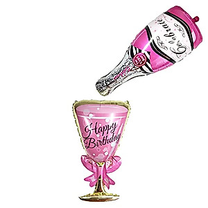2 Pcs Happy Birthday Champagne Bottle and Goblet Wine Glass Large Mylar Foil Balloons 36in, Pink pop Decoration for Party, ceremony, camping, Anniversary Graduation（Z14）