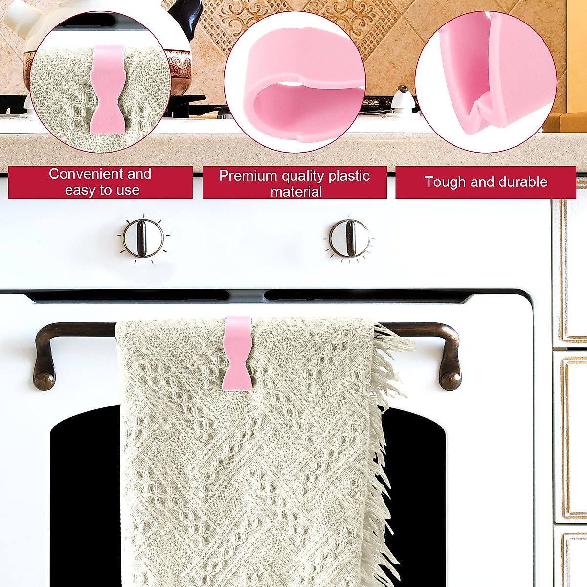 6pcs Towel Clips for Kitchen, Hang and Fix Dish Towels for Oven Stove Dishwasher Handle, Bathroom Towel Rack, Keeps Towel from Falling (Pink)