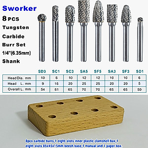 Sworker 8 Pcs 1/4 Carbide Burr Set 1/4 Shank Die Grinder Bits Drill Bits Grinding Bits for Metal Rotary Tool Attachment Accessories Rasp Weld Wood Stone Deburring Compatible with Milwaukee Dewalt