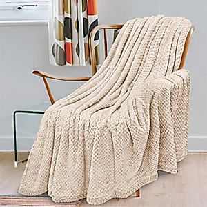 PAVILIA Waffle Textured Fleece Throw Blanket for Couch Sofa, Ivory Cream | Soft Plush Velvet Flannel Blanket for Living Room | Fuzzy Lightweight Microfiber Throw for All Seasons, 50 x 60 Inches