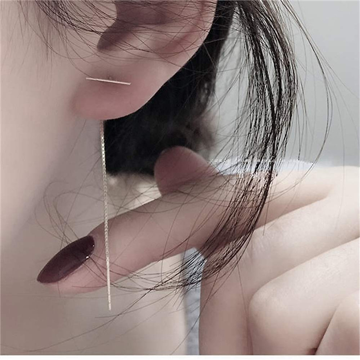 Minimalist Threader Bar Earrings for Women Girls S925 Sterling Silver Charm Long Tassel Chain Drop Dangling Simple Wire Thread Piercing Ear Stud Hypoallergenic Fashion Chic Earring (Silver)
