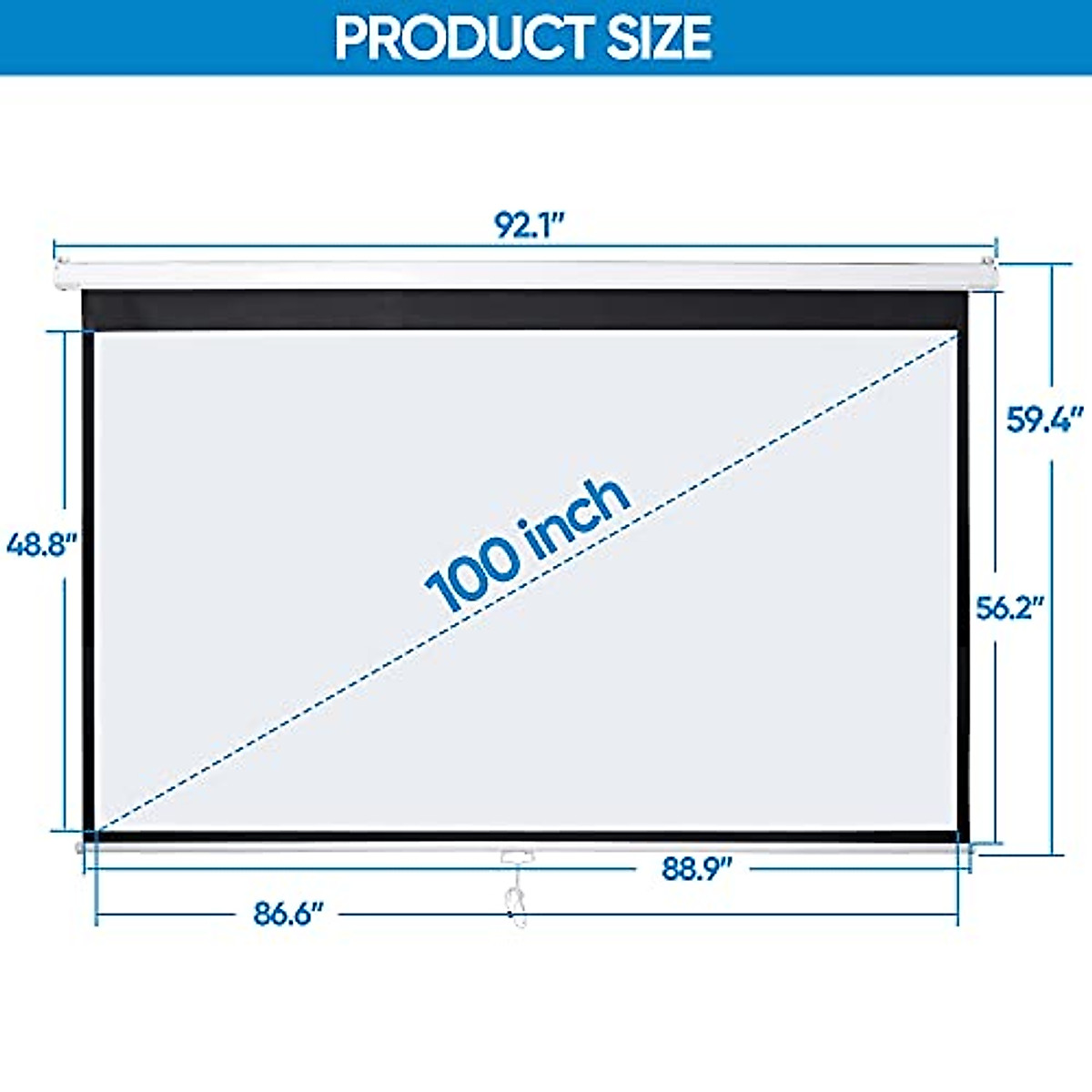 Oteymart 100 Inches Manual Projector Screen Pull Down-Portable Screen Video Projection 16:9 HD Matte White Home Theater with Auto Lock Anti-Crease for Home Theater Outdoor,Wall/Ceiling Mounting