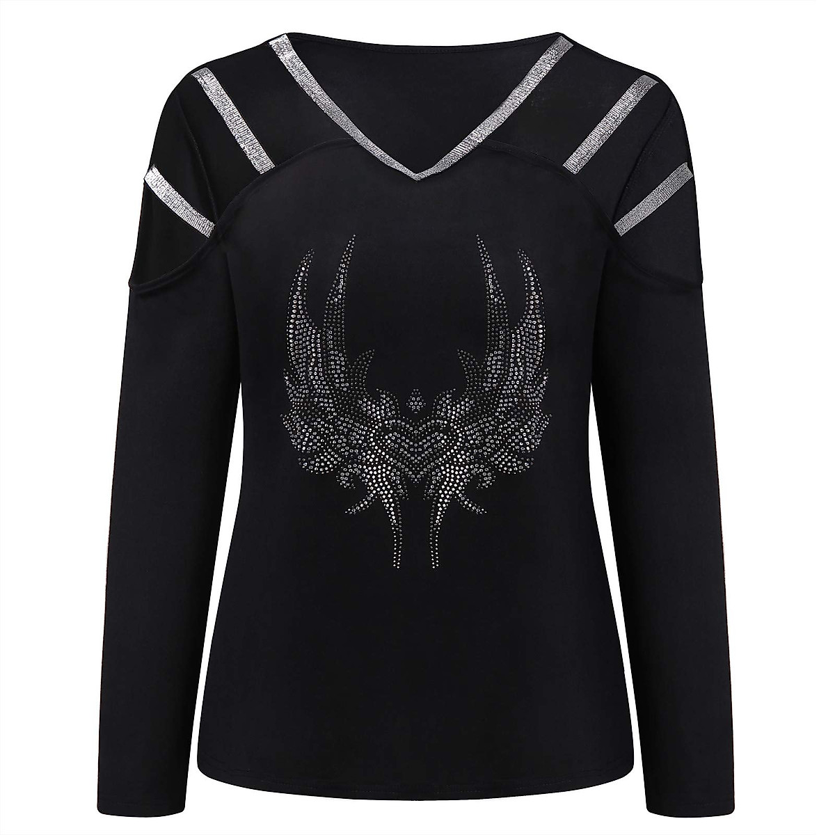 Padaleks Womens Casual Tops Long Sleeve Cutout Cold Shoulder Crewneck Rhinestone Blouse Pullover Shirt Sweatshirts