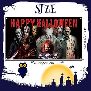 Horror Movie Classic Character Backdrop Banner, 78 × 43inch Halloween Party Background Large Backdrops Classic Movie Chainsaw Clown Horror Movie Supplies for Indoor Outdoor Photo Booth Props