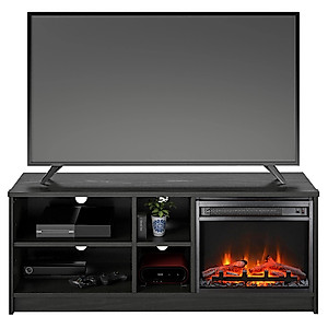 Ameriwood Home Noble TV Stand with Electric Fireplace Insert and 4 Shelves, 65”, Black Oak