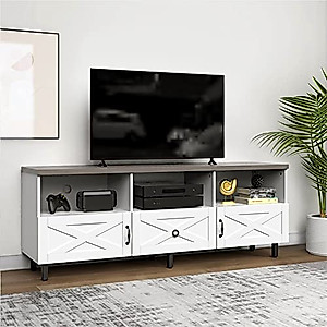 YITAHOME Mid-Century Modern TV Stand for 70/65/60/55 inch, Boho Wood TV Table Farmhouse Media Console with Storage Cabinet and Open Shelves for Living Room, Bedroom, 65 inch, White/Grey