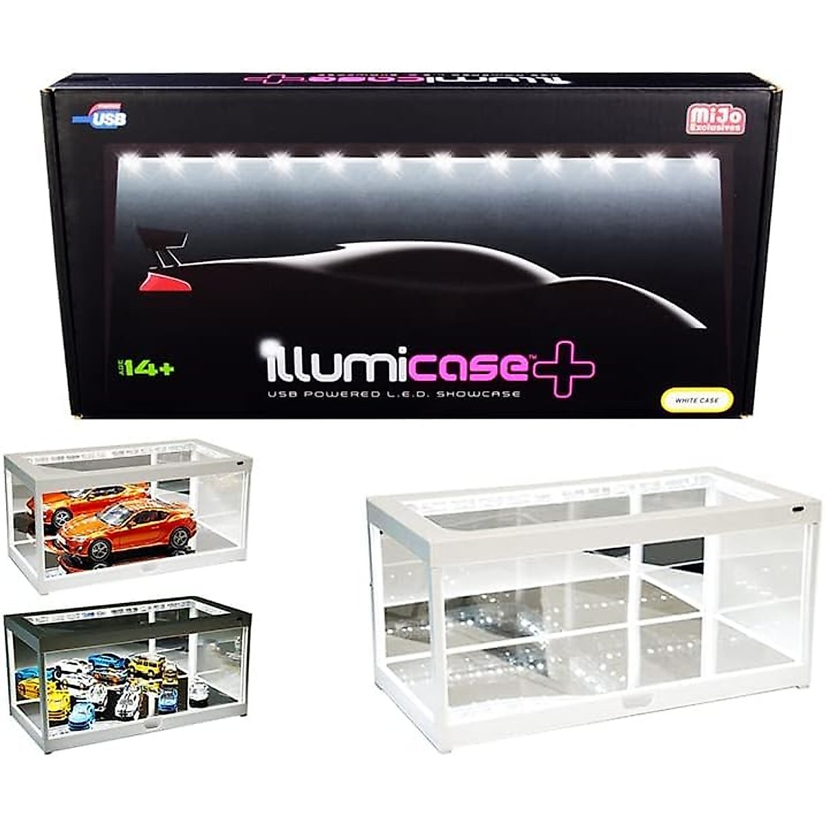 White Collectible Display Show Case Illumicase+ with LED Lights & Mirror Base & Back for 1/64 1/43 1/32 1/24 1/18 Scale Models by Illumibox MJ7710 MW