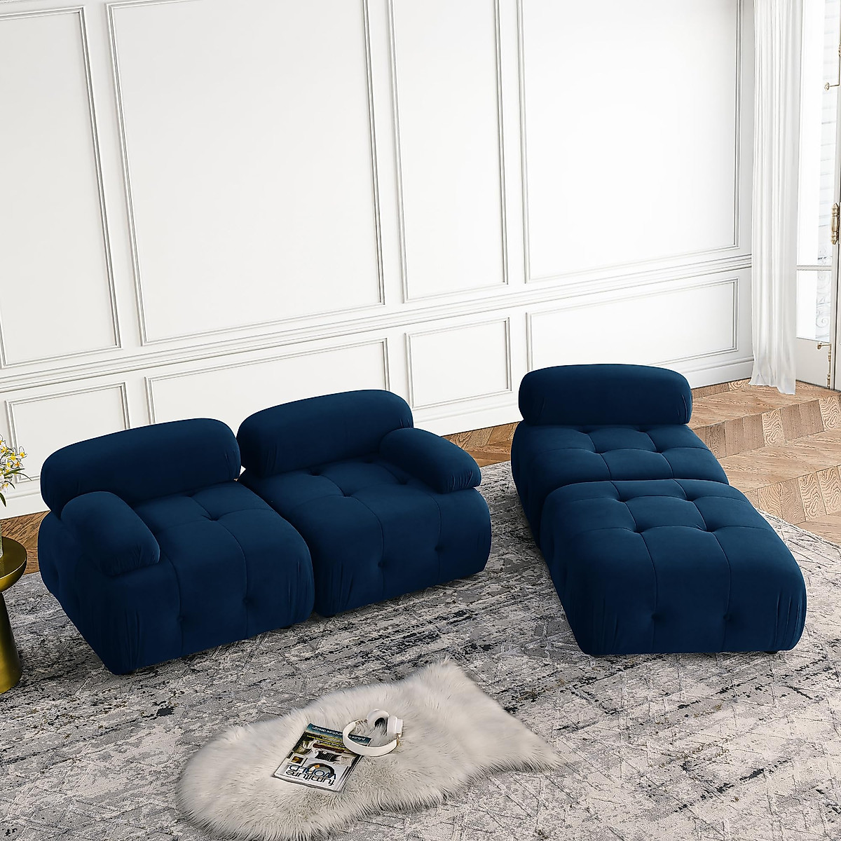 Acosure Modular Sectional Sofa with Button Tufted Designed,L Shaped W/Reversible Ottoman,DIY Combination,Fluffy Couches for Living Room Bedroom Apartment,Navy Velvet
