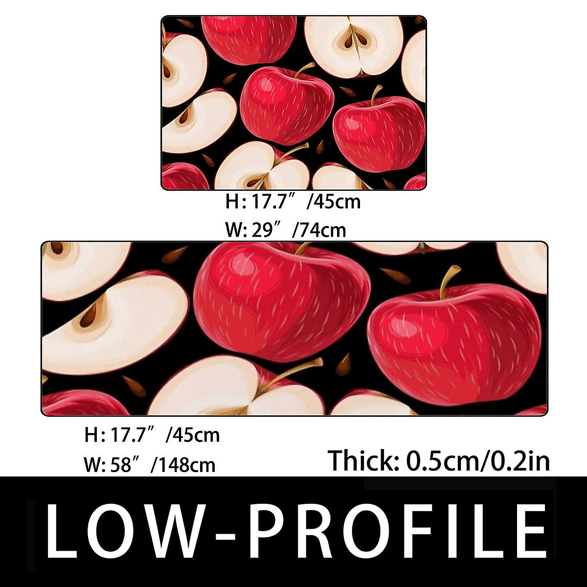 Kitchen Rugs and Mats Set of 2 Pieces Anti Fatigue Standing Mat Watercolor Red Apple Black Non Slip Washable Comfort Flooring Carpet Runner for Kitchen Home