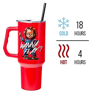 Silver Buffalo Chucky Wanna Play Stainless Steel Tumbler with Handle and Straw, Fits in Standard Cup Holder, 40 Ounces