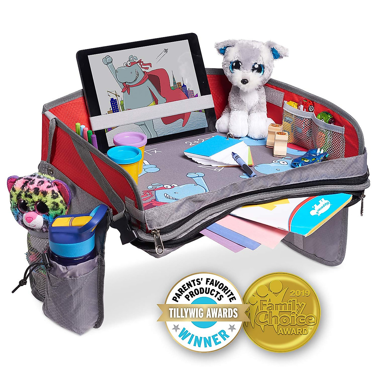 Hippococo Kids Travel Tray: Premium Portable Activity Organizer, Non-Flimsy, Padded Base, Large Storage Pocket, Sturdy Walls, Waterproof, Tablet Holder, Universal Fit - Car Seats, Strollers & Airplane