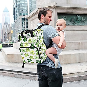 St. Patrick's Day Clover Diaper Bag Backpack for Baby Boys Girls Baby Essentials Travel Tote with Stroller Straps & Bottle Storage Maternity Travel Bag for Dads Moms Hiking Shopping Traveling