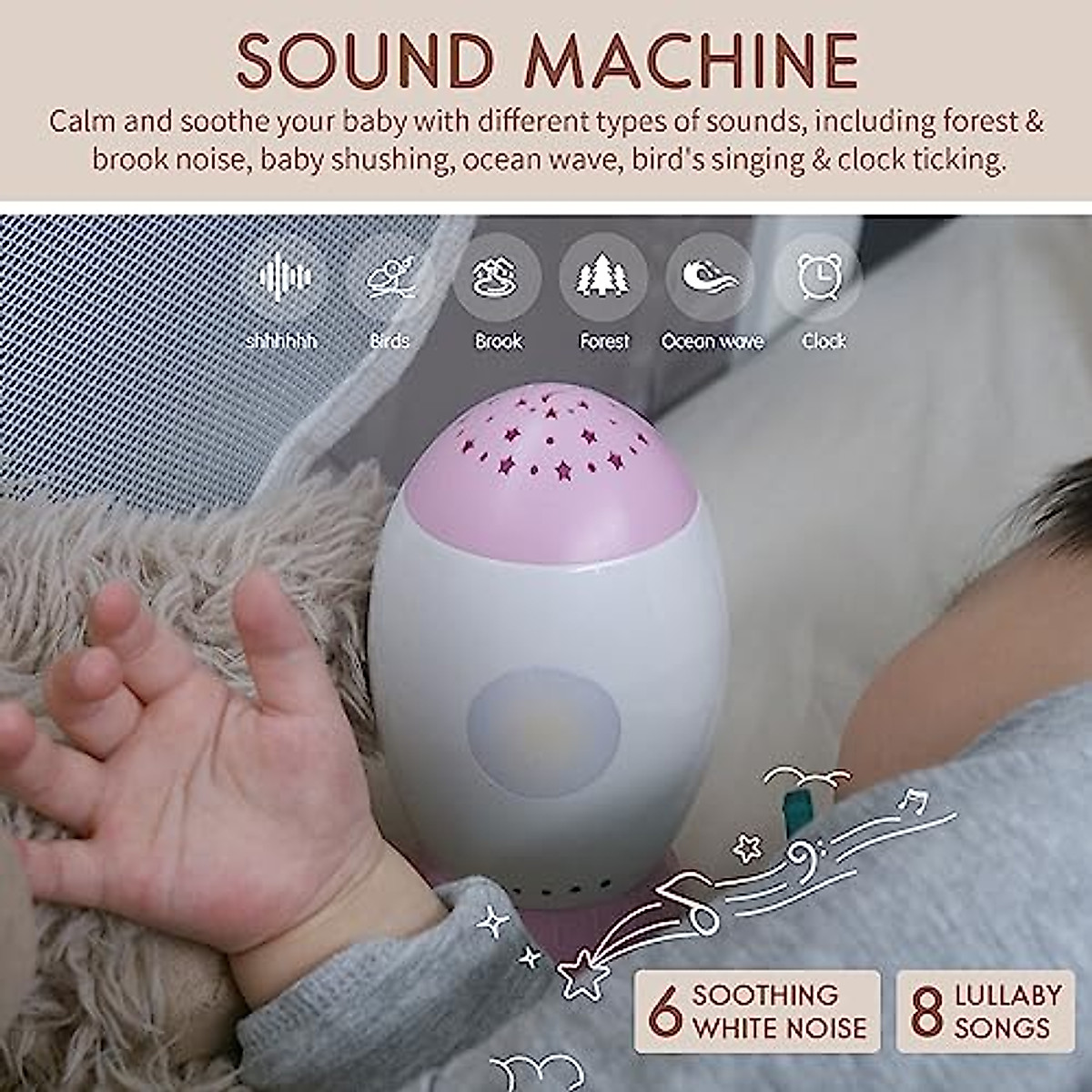 Nueplay Baby Sleep Soother with Lullaby Songs & White Noises, Star Projector for Kids Room Decor, Baby Nursery Night Lights, Portable Sound Machine for Toddlers, Baby Essentials for Girls(Pink)