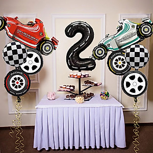 Number 2 Race Car Balloons, 43 Inch Race Car Party Decorations, Wheel Tire Balloons, Black and White Checkered Foil Balloons, Car Balloons for Boys 2nd Birthday Party Decoration - Pack of 9