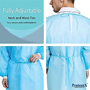 ProtectX (Blue 10 Pack Disposable Breathable Polypropylene Isolation Gown with Elastic Knit Cuffs, Covered Back, Extra-Long Double Ties, Universal Size