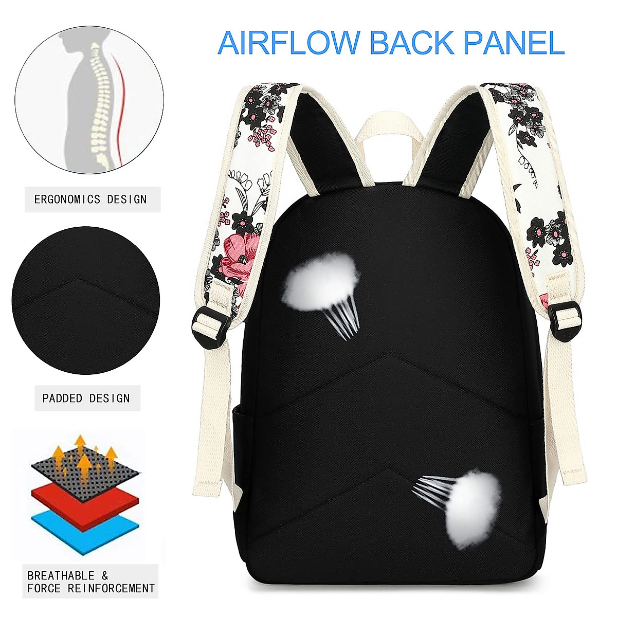 Natayoo Floral School Backpacks for Teen Girls Women with Lunch Bag and Pencil Bag, College Bookbag Water Resistant Laptop Backpack with USB Charging Port