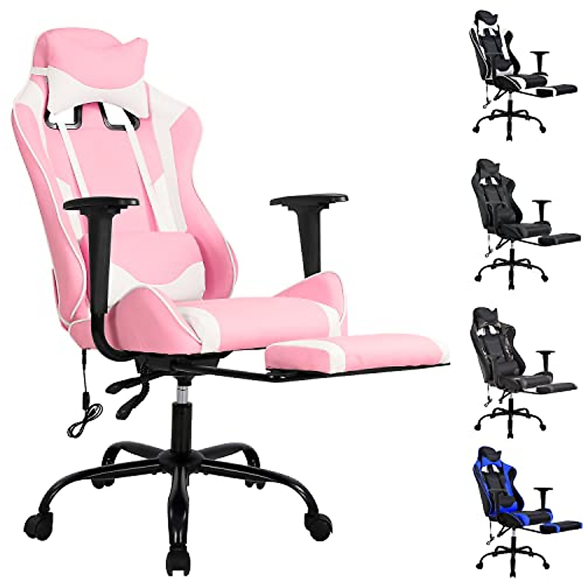 Gaming Chair Massage Office Chair PC Computer Chair Ergonomic Video Game Chairs PU Leather Recliner with Lumbar Support Headrest Armrest Footrest Rolling Swivel Desk Chair for Adults Teen, Pink