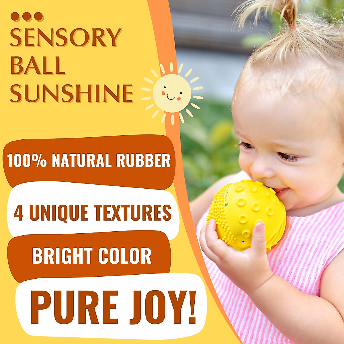 caaocho Pure Natural Rubber Sensory Ball Sunshine 3" - Sealed Hole, BPA Free Baby Ball Toy, for Sensory Play, for Sensory Development, Hole Free Baby Toy, Perfect Bouncer, Without Hole