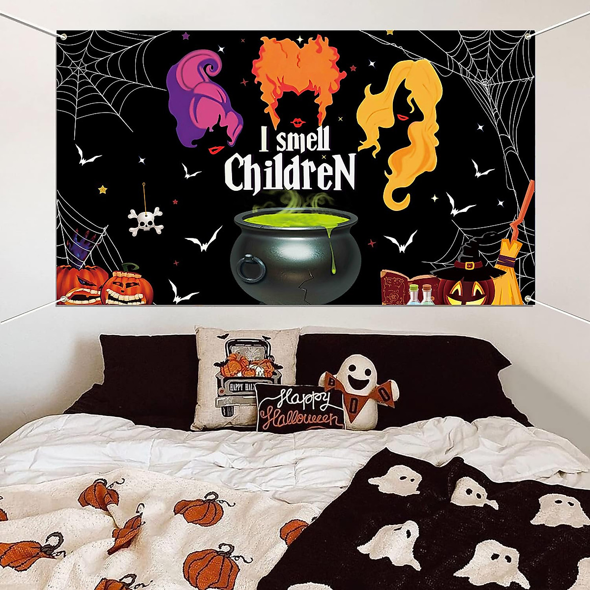 Halloween Hocus Pocus Decorations Party Supplies Banner, Extra Large Witch Sisters Backdrop for Indoor Outdoor Photo Booth Props Video Decor, 73" X 43.3"