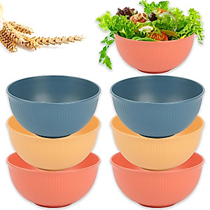 YUZI 6Packs Wheat Straw Bowls Set - 24 OZ Unbreakable Plastic Cereal Bowls, Microwave and Dishwasher Tableware Bowl Soup Bowls for Kitchen Serving Oatmeal, Pasta, Salad, Dessert(3 Color)
