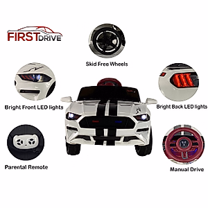 First Drive Mustang - Ride on Car - Electric Car for Kids - Kids Car with Parent Remote, MP3 Music Playback, AUX Port, Spring Suspension, LED Lights, Rear Wheel Drive, for Boys/Girls (White)