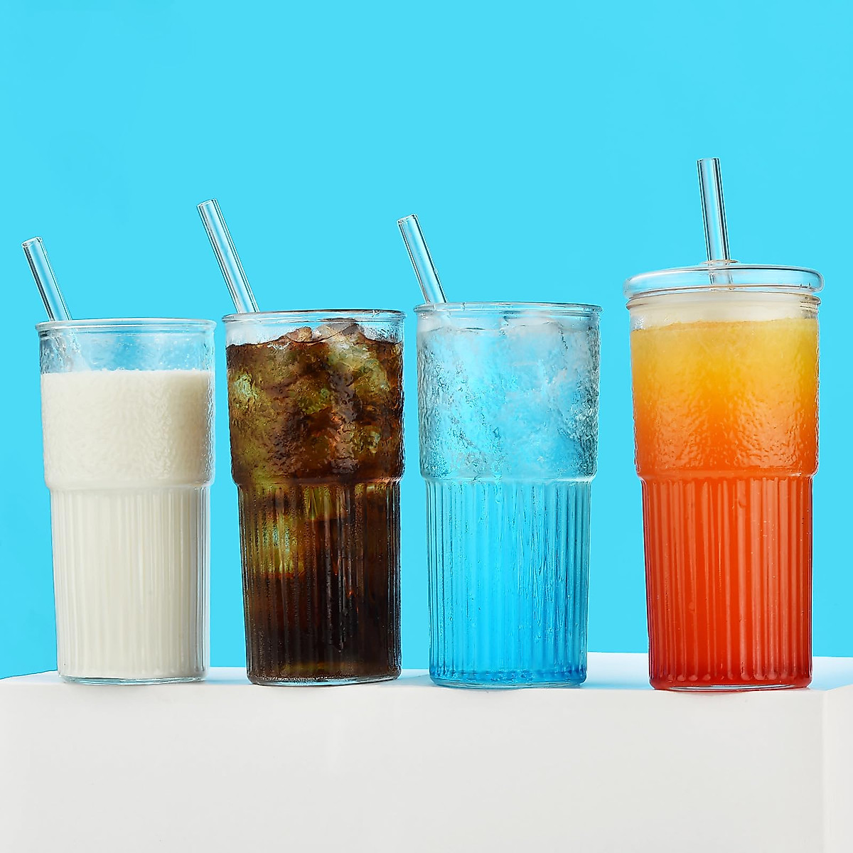 ALINK Glass Cups with Glass Lids and Straws, 22 oz High Borosilicate Clear Iced Coffee Glass Tumblers, Drinking Glass Smoothie Tea Water Cups, Pack of 2 with Cleaning Brush