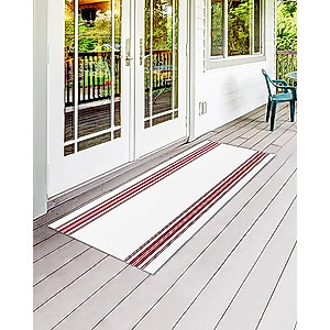 Floor Mat Kitchen Rug Red Stripe White Back Farmhouse Style Washable Doormat Non Slip Bathroom Rugs,Classic Simple Lines Absorbent Carpet for Bedroom Laundry Living Room Sink 20x47in