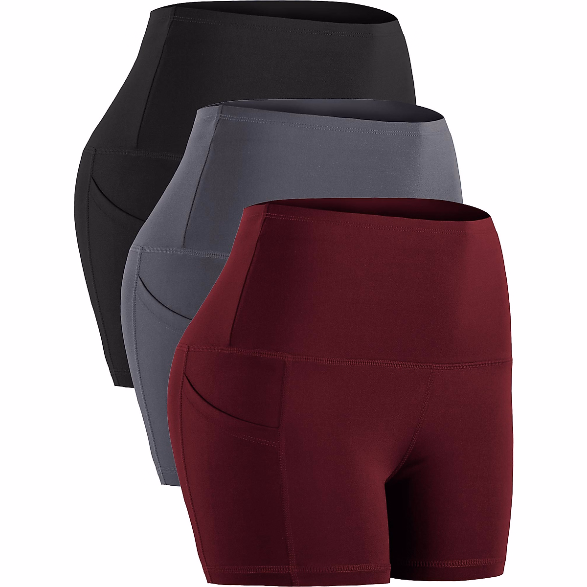 CADMUS High Waist Athletic Shorts for Womens Yoga Fitness Workout Running Shorts with Deep Pockets,3 Pack,1016,Black & Grey & Wine Red,Large