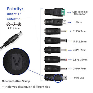 Universal AC DC 5V 1A 2A/2000mA Power Supply Cord Adapter Charger with 8 Variable Plug Tips (Include 5.5mm / 3.5mm / Mini USB/Micro USB / 4.7mm Switching Connector)