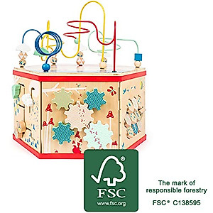 Wooden Activity Cube XL Size by Small Foot – Classic 7-Sided Interactive Toy with Bead Maze, Puzzle, Shape Sorter, Clock & Wheels - Develops Kids Dexterity, Motor Skills – Age 12+ months