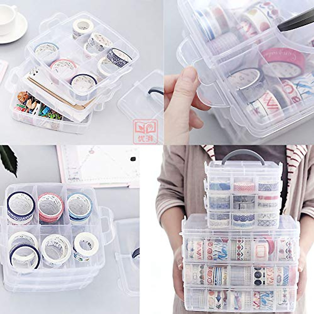 JforSJizT 30 Adjustable Compartments Washi Tape Box Organizer Storage,Divider Closet Container,Clear,Masking Tape Desktop Tape DIY Sticker Roll Tape Cutter Holder Storage