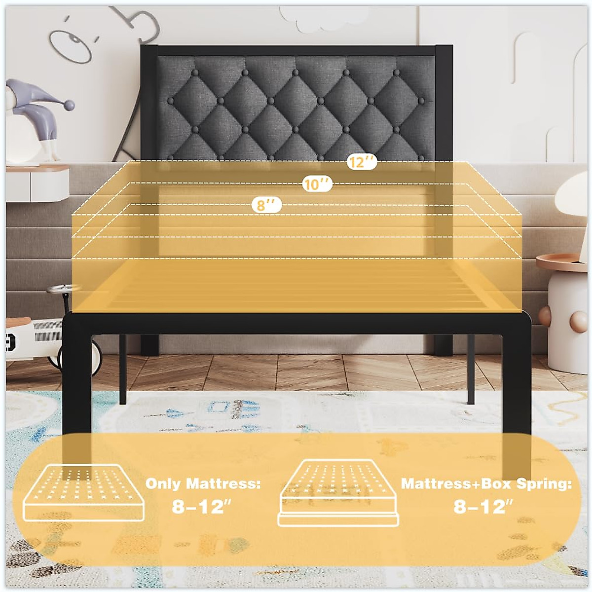 Foredawn Twin Bed Frame with Linen Upholstered Headboard, Metal Support, No Box Spring Needed, Noise Free, Under Bed Storage, Easy Assembly, Grey