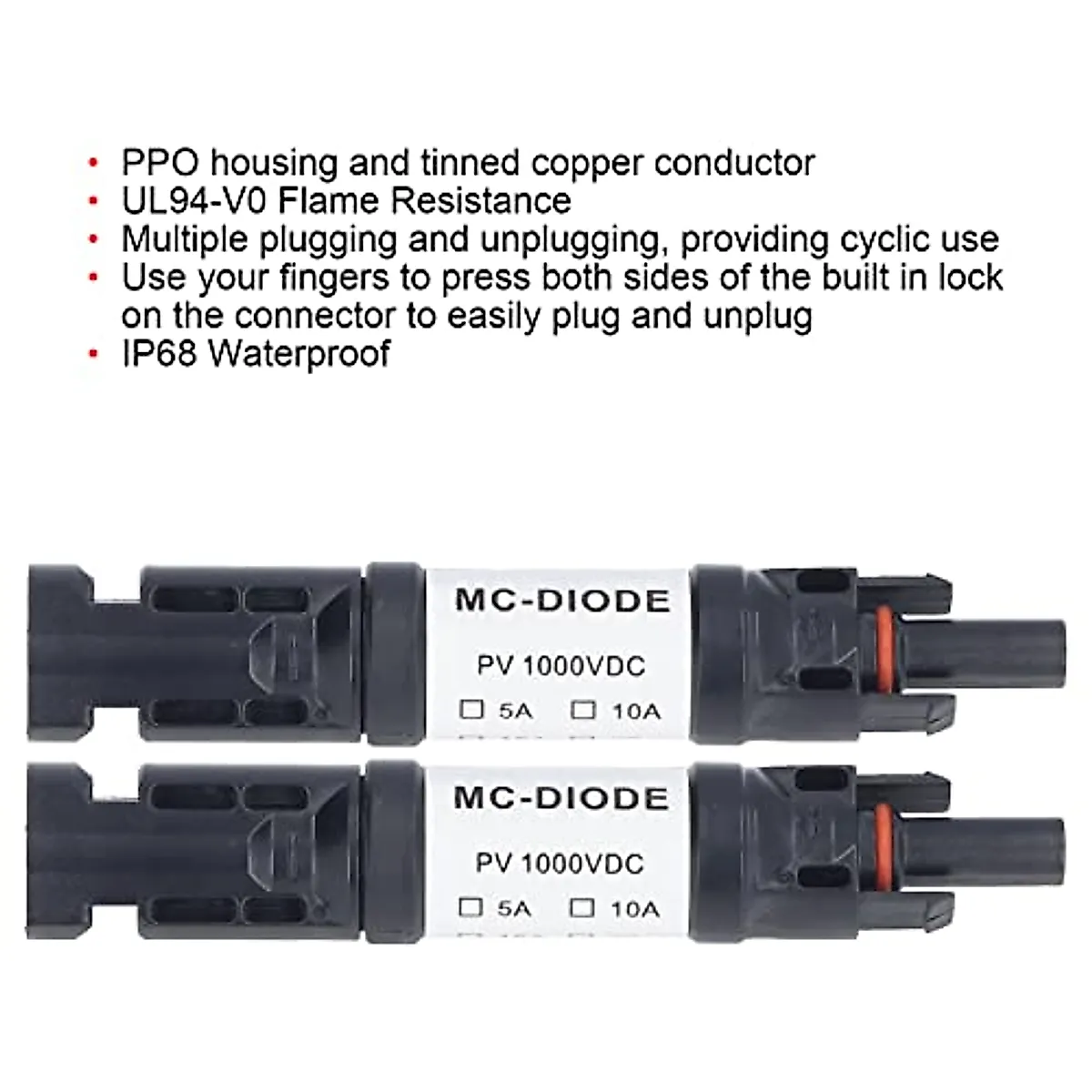 1000V Solar PV Connector, 2pcs Tinned Copper Conductor IP68 Waterproof Snap in Solar PV Fuse Holder for Solar Panel Connection 15A