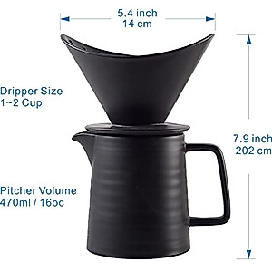 Ceramic Pour Over Coffee Maker, V60 Dripper & Decanter, Hand Brewer Durable Pot, Cone Funnel Coffee Drip with Black Coffee Filter Pot 1-2 Cup