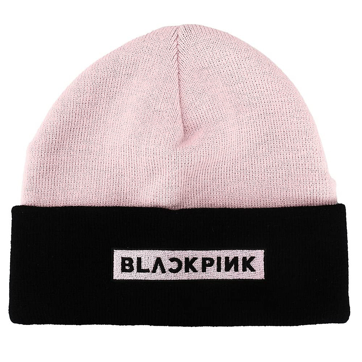Bioworld Blackpink Embroidered Logo Pink and Black Cuffed Knitted Beanie hat
