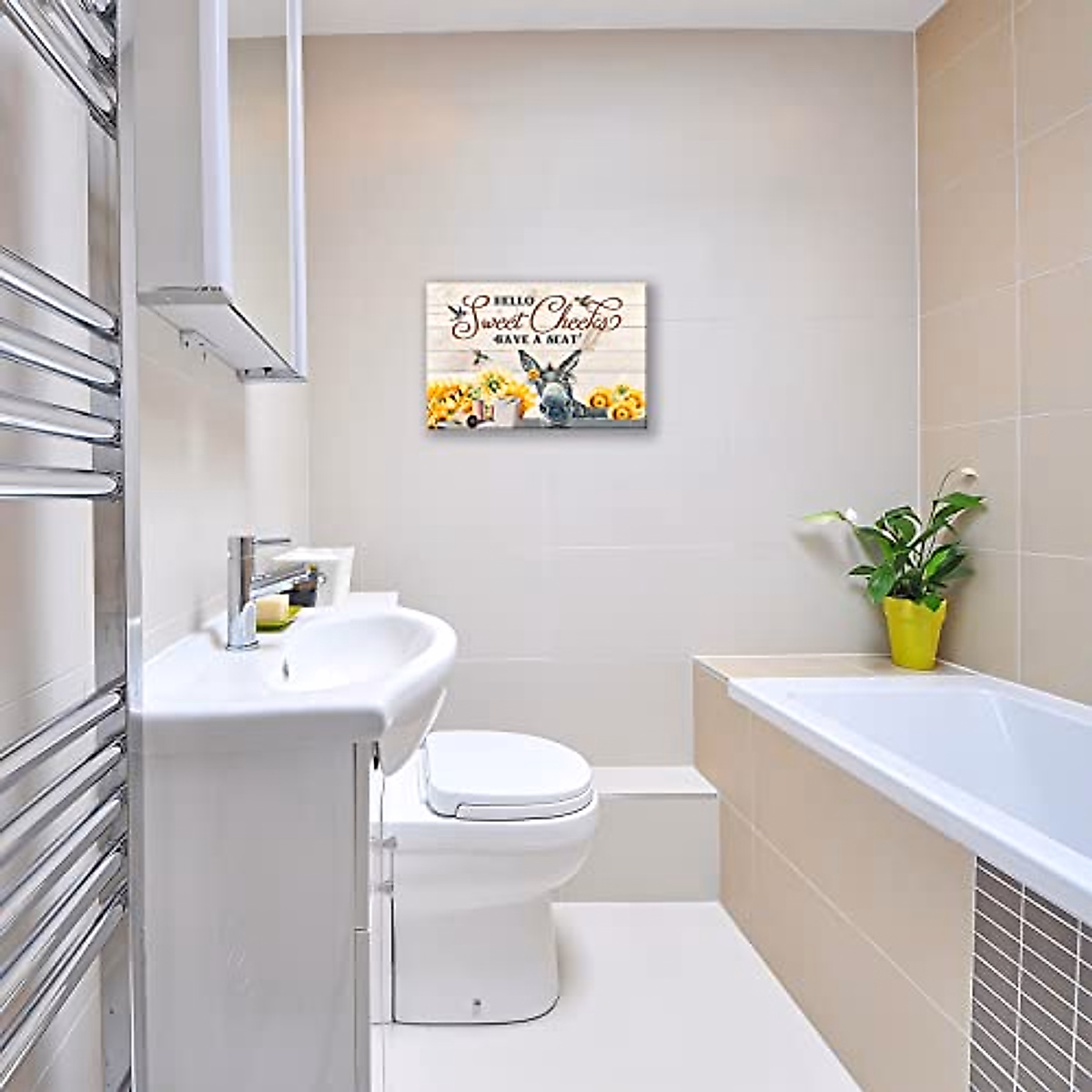 Farmhouse Donkey Wall Art for Bathroom Funny Donkey Birds Wall Decor Have a Seat Sunflower Pictures Print Painting Rustic Farm Flower Framed Artwork Canvas Home Decor for Bedroom Living Room 12"x16"