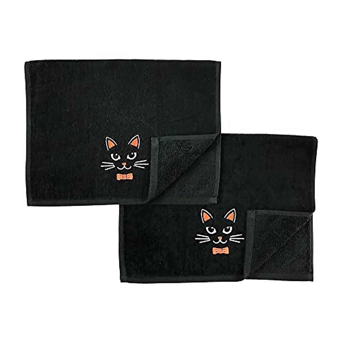 Decorative Halloween Hand Towels: Black Plush Velour Cotton Embroidered Design, Set of 2 (Cat)