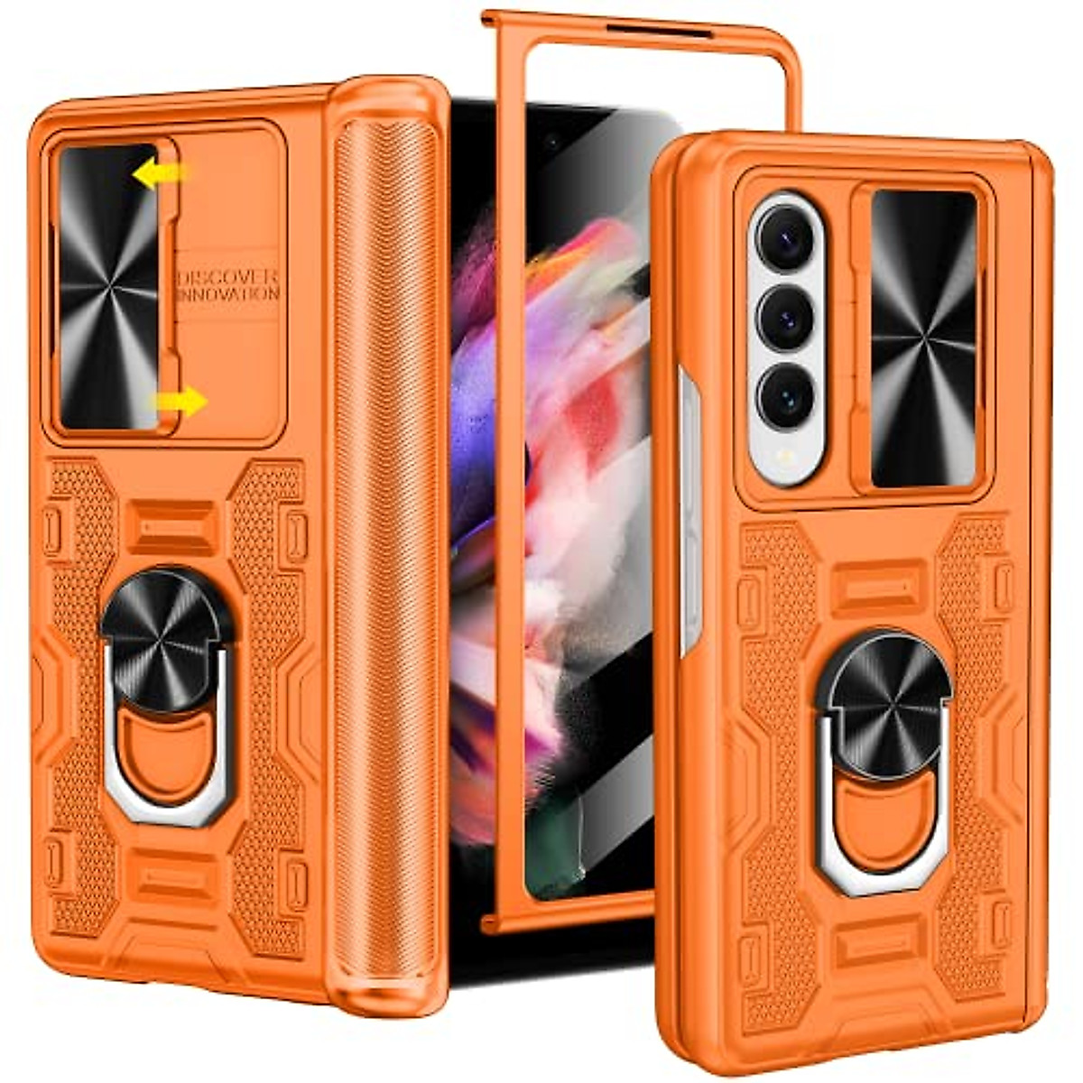 VEGO for Samsung Galaxy Z Fold 3 Case with Stand, Slide Camera Cover & Screen Protector & 360°Ring Magnetic Kickstand Military Grade Heavy Duty Protective Case for Galaxy Z Fold 3- Orange