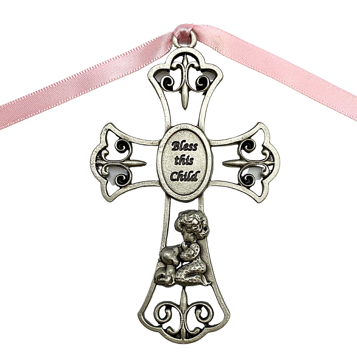 Silver Tone Bless This Child Guardian Angel Hanging Crib Medal, Cross with Pink Ribbon and Girl Kneeling to Pray, Mini Catholic Medals Baptism Gifts for Girls, 3.5 Inches