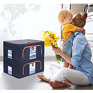 Clothes Storage Bin Boxes, 2 Pack Foldable Clothes Storage Boxes, Stackable Frame Storage Bins Boxes, Fabric Linen Clothes Storage Organzier for Clothes, Blankets, Bedrooms (15.7 x 12 x 7.9inch)