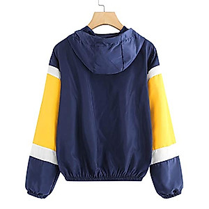 Fheaven Women Casual Long Sleeve Zipper Color Block Patchwork Slim Fit Hooded Sport Coat Yellow
