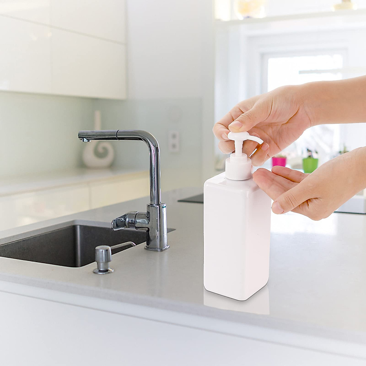 Okllen 12 Pack 16 Oz Plastic Pump Bottles, Empty Refillable Container Liquid Soap Dispenser for Shampoo, Lotion, Cleaning Products, Kitchen, Bathroom, White Square