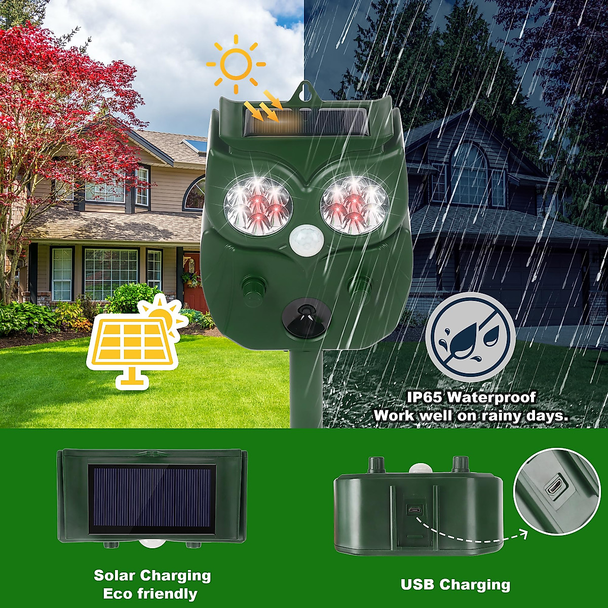 Ultrasonic Solar Animal Repellent - Waterproof Outdoor Pest Repellent for Mouse, Snake, Stray Cat, Dogs, Deers, Squirrels