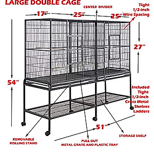 54" Large Double 3-Levels Small Animals Critters Wrought Iron Cage Center Slide Out Divider Tight 1/2-inch Bar Spacing Removable Rolling Stand Ferret Chinchilla Rat Mouse Hamster Sugar Glider